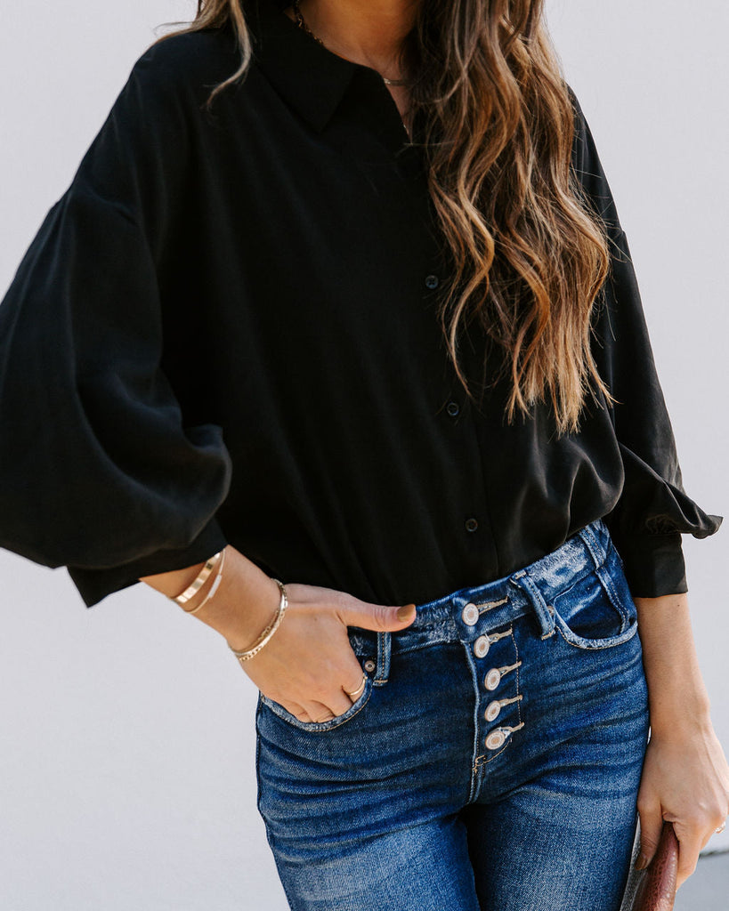 No Effort Puff Sleeve Button Down Blouse - Black – InsStreet
