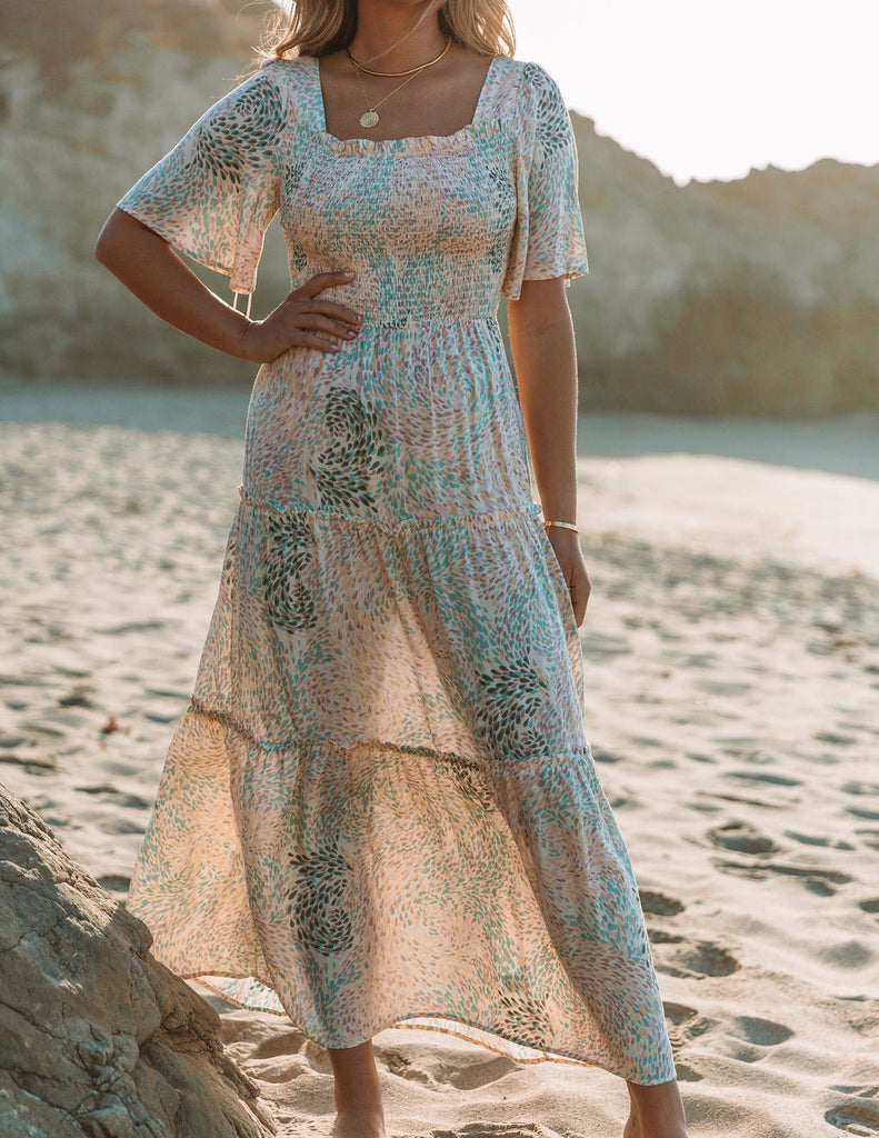Maynard Printed Smocked Maxi Dress - Cream – InsStreet