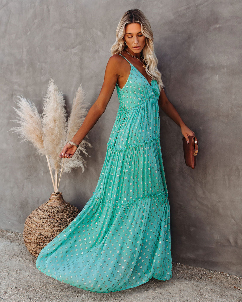 Fathoms Below Adjustable Metallic Tiered Maxi Dress - Seafoam – InsStreet