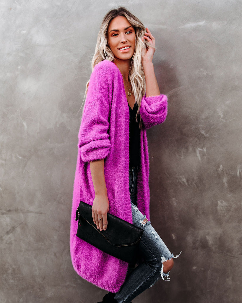 Glorious Pocketed Fuzzy Knit Cardigan - Magenta – InsStreet