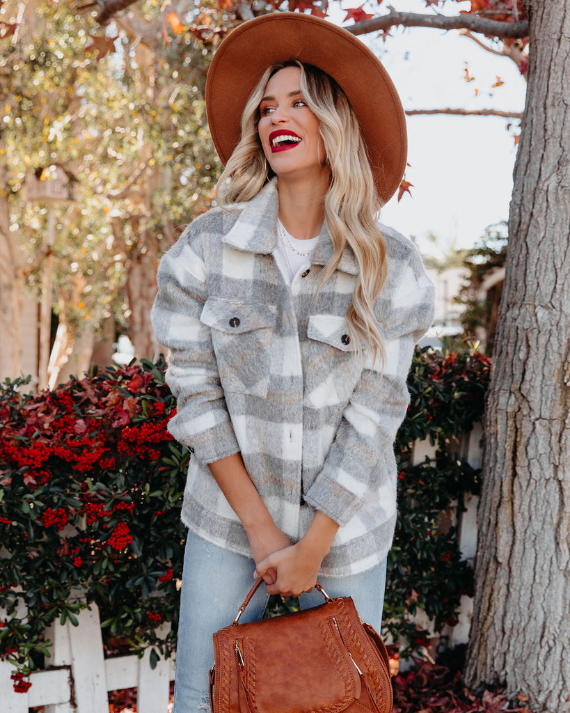 Jayde Soft Plaid Button Down Shacket - Grey – InsStreet