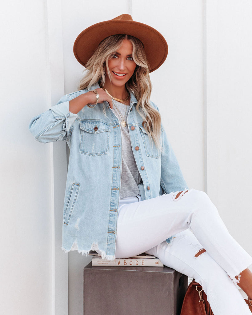 Kaige Pocketed Distressed Denim Shacket - Light Wash – InsStreet