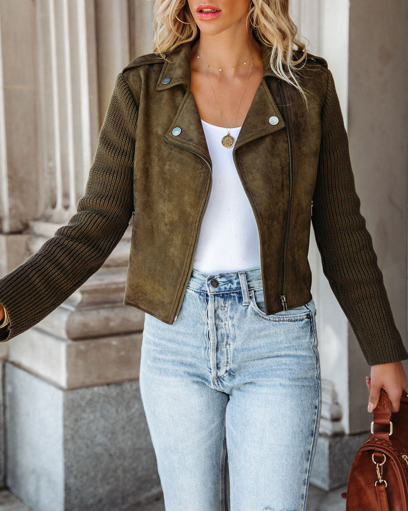 Roland Faux Suede Contrast Knit Moto Jacket – InsStreet