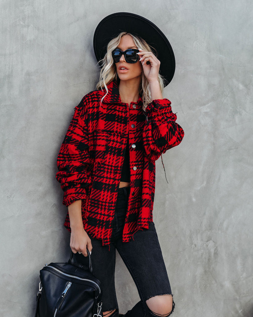 South Lake Frayed Plaid Shacket - Red - FINAL SALE – InsStreet