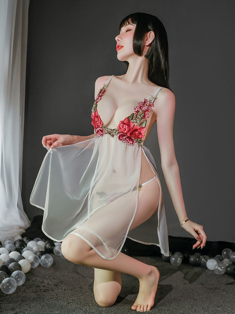 Side Slit Suspender Mesh Nightdress Insstreet