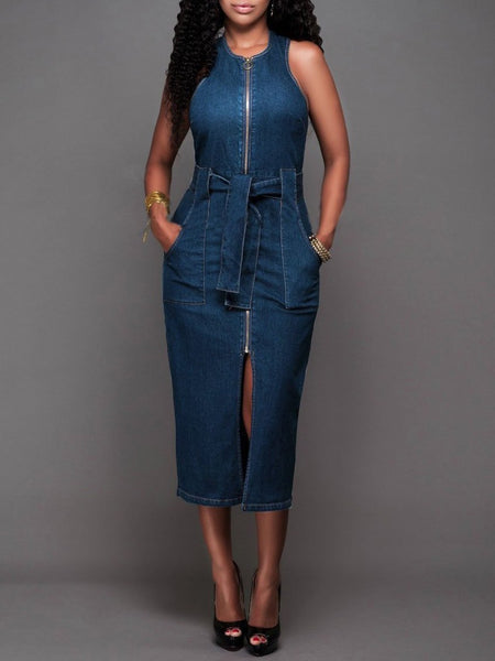 Women Elegant Sleeveless Denim Jean Dress with Zipper Belt – InsStreet