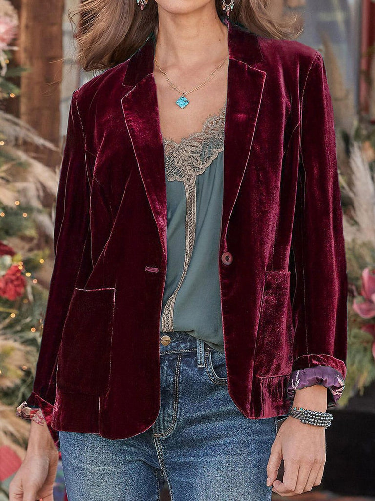 Women's Blazers Gold Velvet Lapel Pocket Blazers – InsStreet